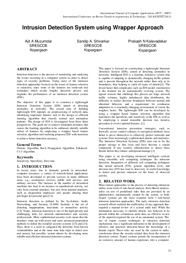 (PDF) Intrusion Detection System using Wrapper Approach