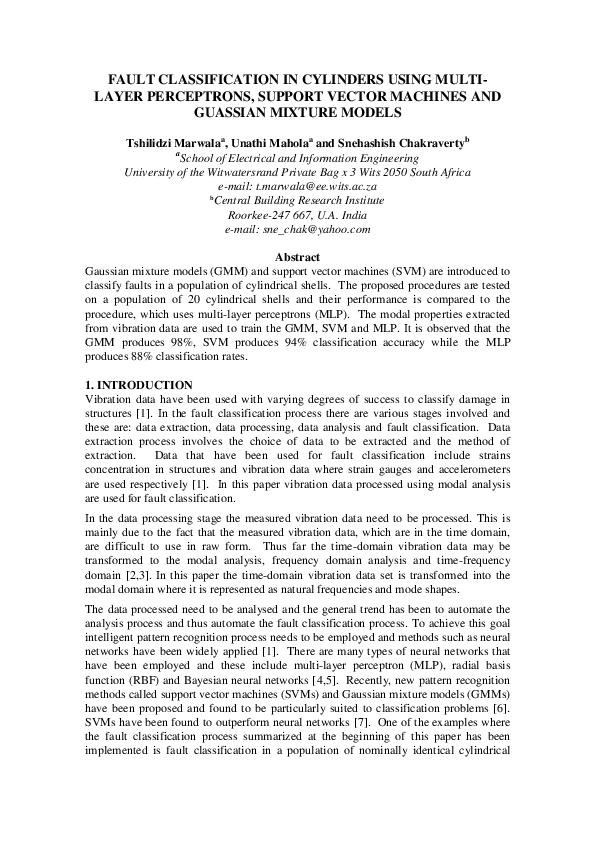 Pdf Fault Classification In Cylinders Using Multilayer Perceptrons Support Vector Machines
