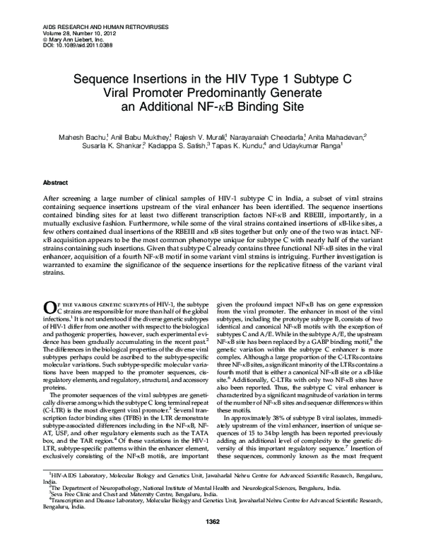 (PDF) Sequence Insertions in the HIV Type 1 Subtype C Viral Promoter ...
