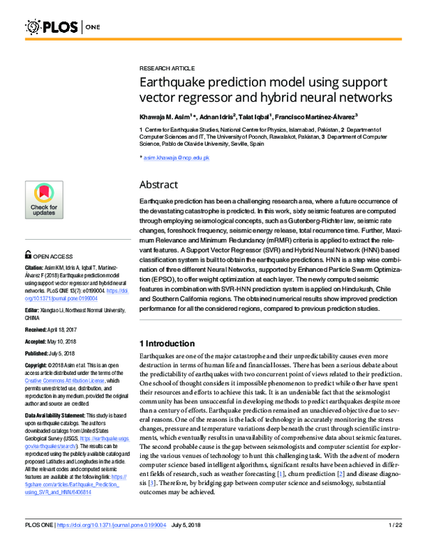 Pdf Earthquake Prediction Model Using Support Vector Regressor And