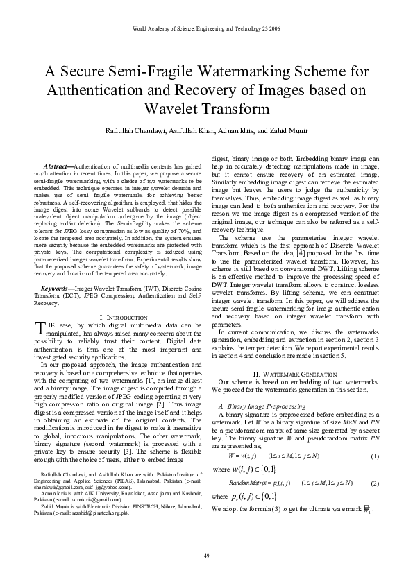 Pdf A Secure Semi Fragile Watermarking Scheme For Authentication And Recovery Of Images Based 