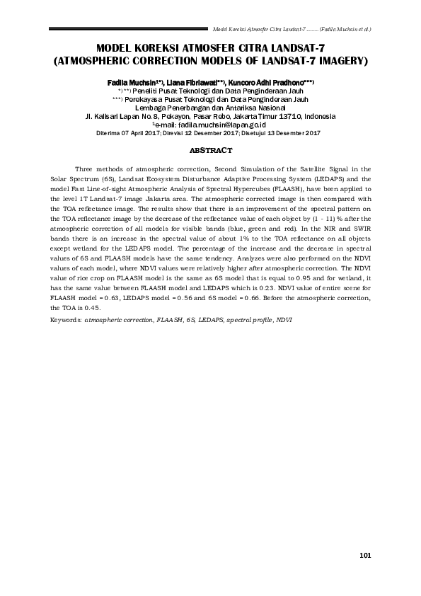Pdf Model Koreksi Atmosfer Citra Landsat 7 Atmospheric Correction Models Of Landsat 7 Imagery