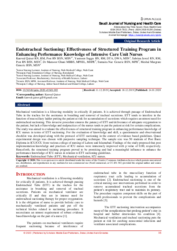 (PDF) Endotracheal Suctioning: Effectiveness of Structured Training Program in Enhancing ...