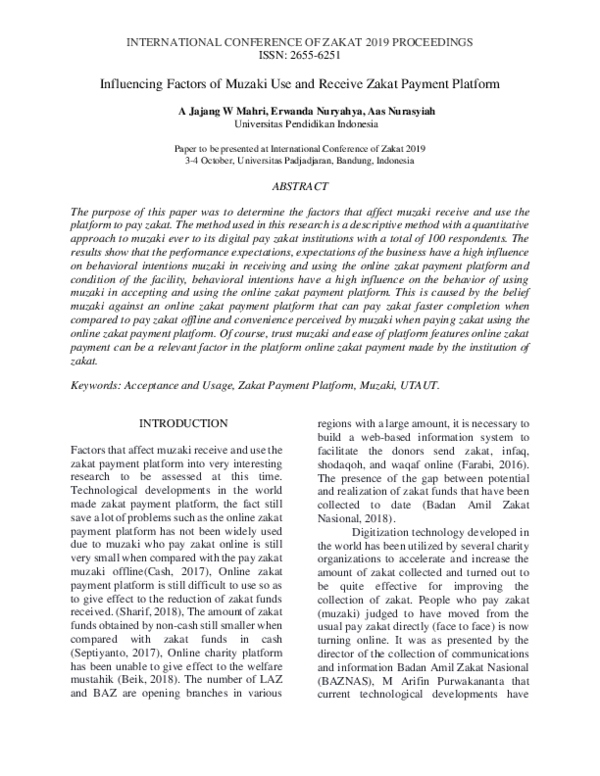 (PDF) Influencing Factors of Muzaki Use and Receive Zakat Payment Platform