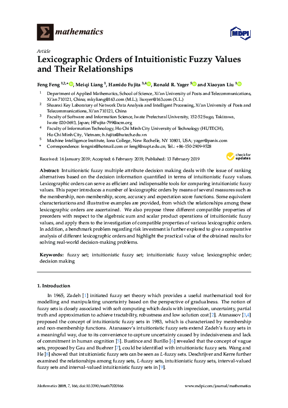 Pdf Lexicographic Orders Of Intuitionistic Fuzzy Values And Their Relationships