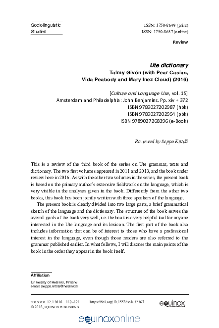 (PDF) Ute dictionary . By Talmy Givón (with Pear Casias, Vida Peabody ...