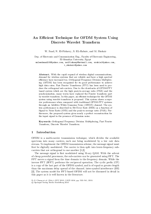 (PDF) An Efficient Technique for OFDM System Using Discrete Wavelet Transform