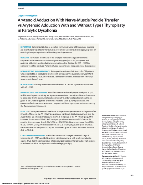 (PDF) Arytenoid Adduction With Nerve-Muscle Pedicle Transfer vs ...