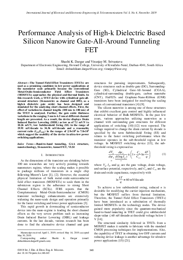 (PDF) Performance Analysis of High-k Dielectric Based Silicon Nanowire ...