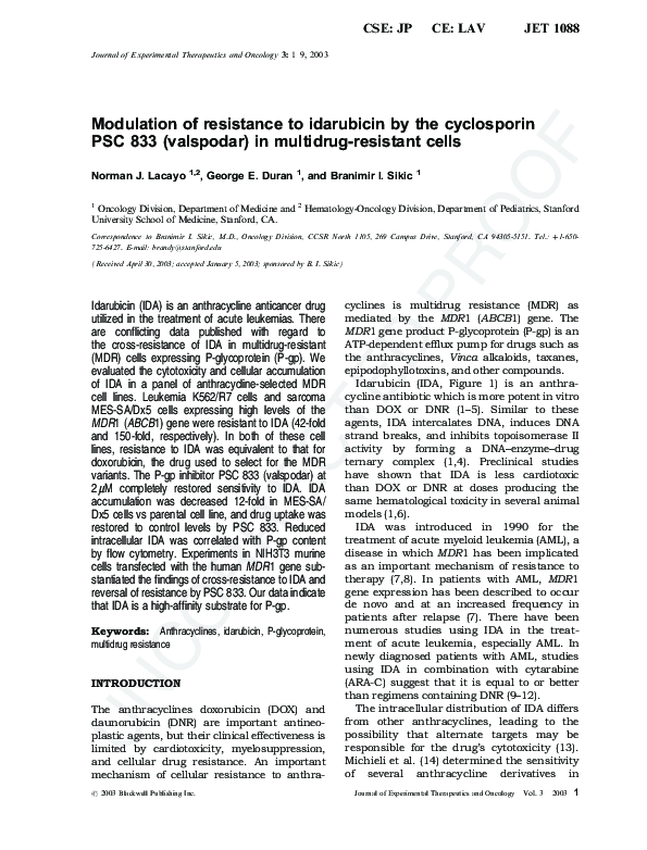 (PDF) Modulation of resistance to idarubicin by the cyclosporin PSC 833 ...
