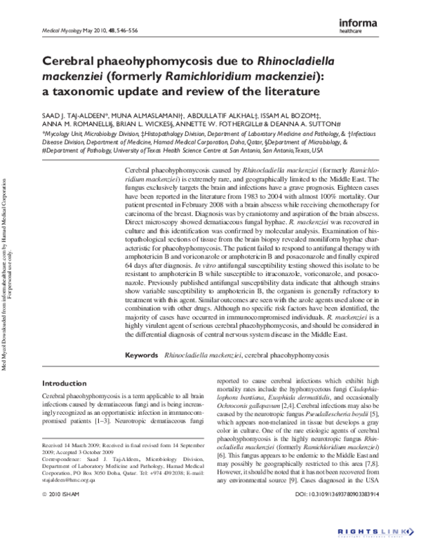 (PDF) Cerebral phaeohyphomycosis due to Rhinocladiella mackenziei ...
