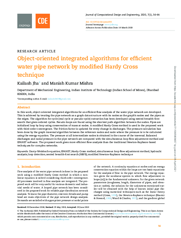 Pdf Object Oriented Integrated Algorithms For Efficient Water Pipe Network By Modified Hardy