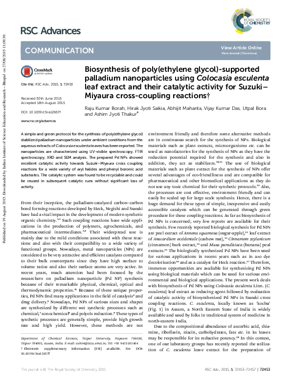 (PDF) Biosynthesis of poly(ethylene glycol)-supported palladium nanoparticles using Colocasia ...