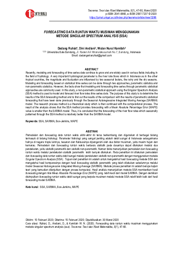 (PDF) Forecasting Data Runtun Waktu Musiman Menggunakan Metode Singular Spectrum Analysis (Ssa)