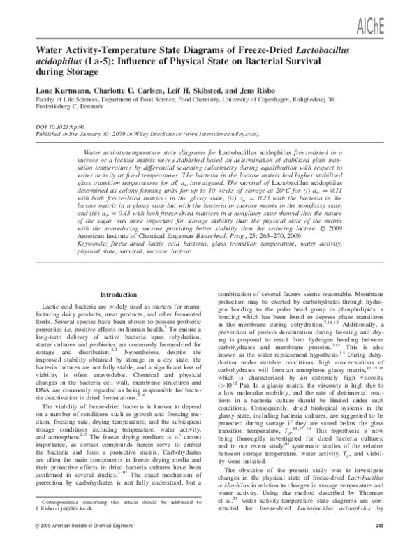 Water activity-temperature state diagrams of freeze-dried Lactobacillus ...