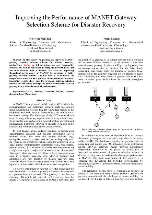 (PDF) Improving the Performance of MANET Gateway Selection Scheme for Disaster Recovery