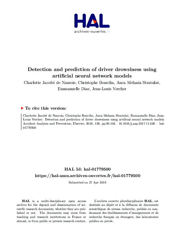 (PDF) Detection and prediction of driver drowsiness using artificial neural network models