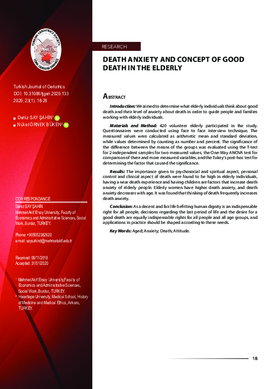 (PDF) Death Anxiety and Concept of Good Death in the Elderly