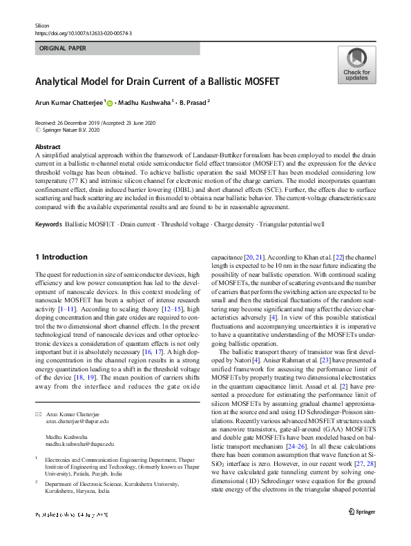 Pdf Analytical Model For Drain Current Of A Ballistic Mosfet