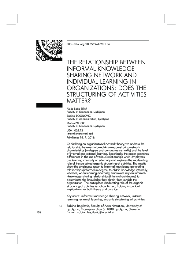 (PDF) The Relationship between Informal Knowledge Sharing Network and Individual Learning in ...