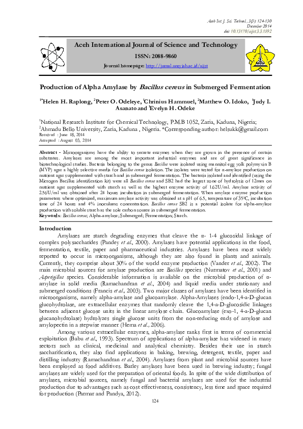 (PDF) Production of Alpha Amylase by Bacillus cereus in Submerged Fermentation