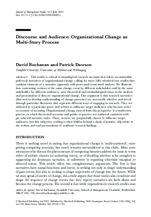 (PDF) Discourse and Audience: Organizational Change as Multi-Story ...