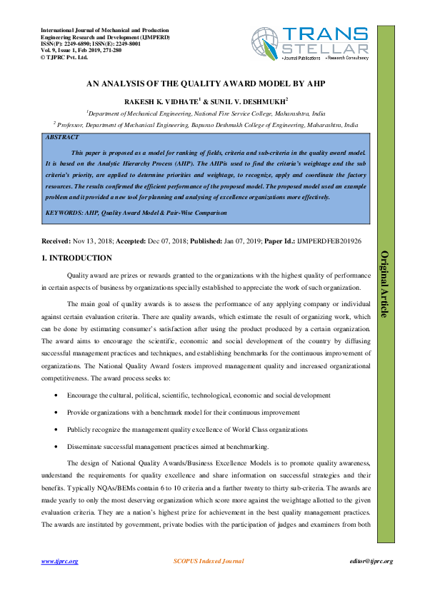 (PDF) An Analysis of the Quality Award Model by AHP | rakesh vidhate ...
