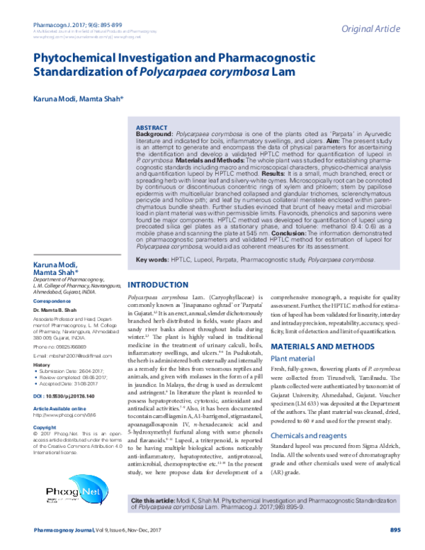 (PDF) Phytochemical Investigation and Pharmacognostic Standardization of Polycarpaea corymbosa Lam