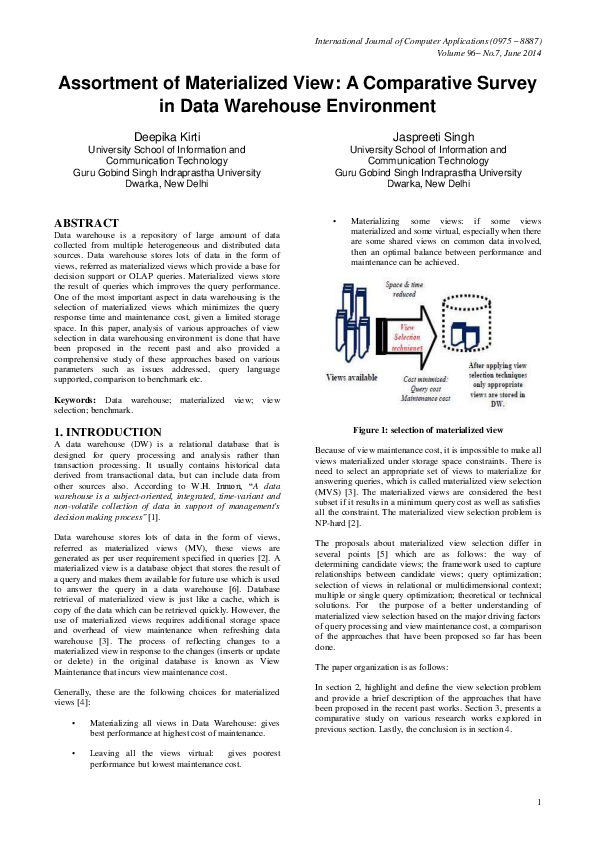 (PDF) Assortment of Materialized View: A Comparative Survey in Data Warehouse Environment
