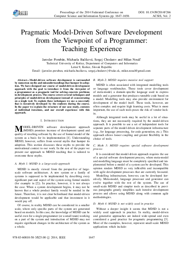 Pdf Pragmatic Model Driven Software Development From The Viewpoint Of A Programmer Teaching