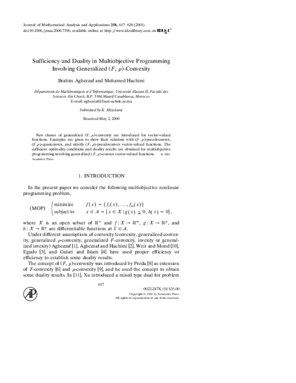 (PDF) Sufficiency and Duality in Multiobjective Programming Involving Generalized ( F, ρ ...