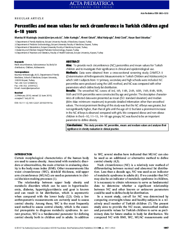 (PDF) Percentiles and mean values for neck circumference in Turkish ...