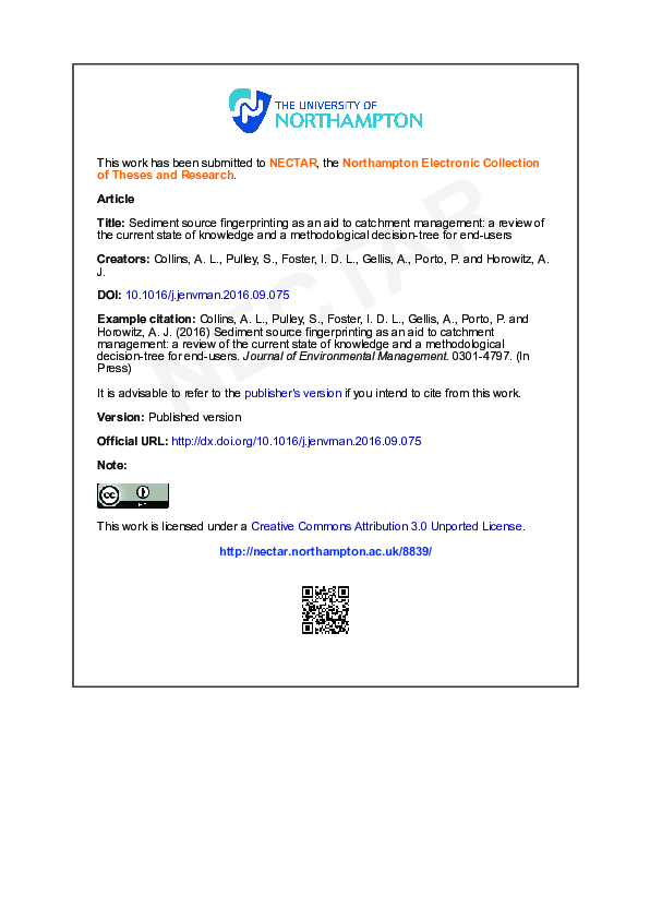 Pdf Sediment Source Fingerprinting As An Aid To Catchment Management