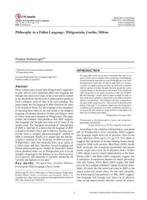 (PDF) Philosophy in a Fallen Language: Wittgenstein, Goethe, Milton