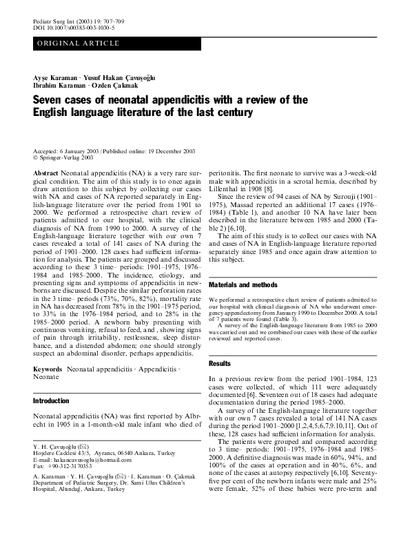 (PDF) Seven cases of neonatal appendicitis with a review of the English ...
