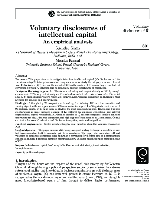 (PDF) Voluntary disclosures of intellectual capital: An empirical analysis