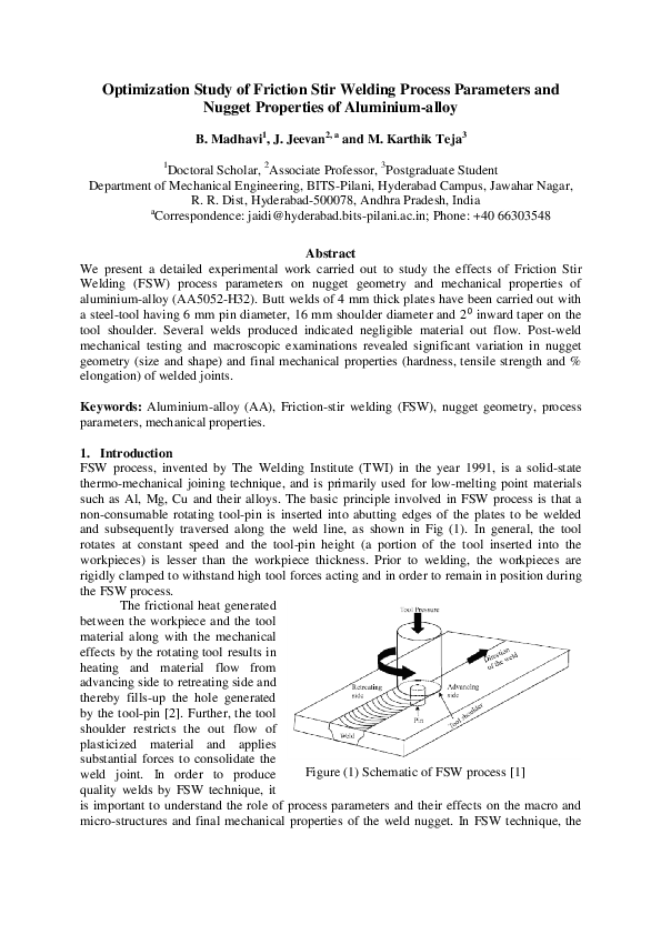 (PDF) Optimization Study of Friction Stir Welding Process Parameters and Nugget Properties of ...