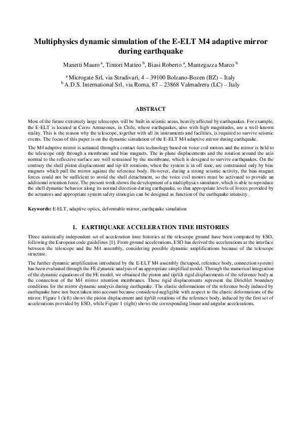 (PDF) Multiphysics dynamic simulation of the E-ELT M4 adaptive mirror during earthquake