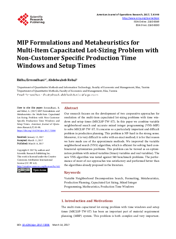 (PDF) MIP Formulations and Metaheuristics for Multi-Item Capacitated Lot-Sizing Problem with Non ...