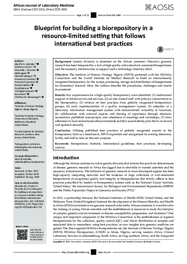 (PDF) Blueprint for building a biorepository in a resource-limited ...
