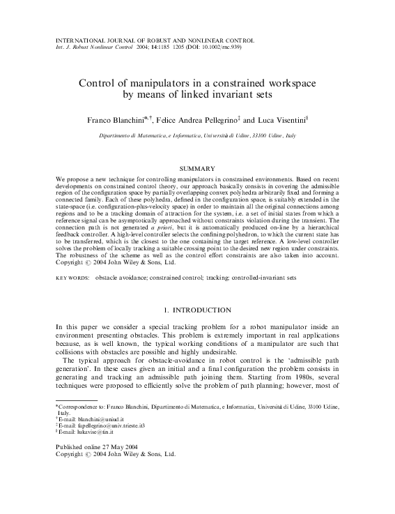 Pdf Control Of Manipulators In A Constrained Workspace By Means Of Linked Invariant Sets