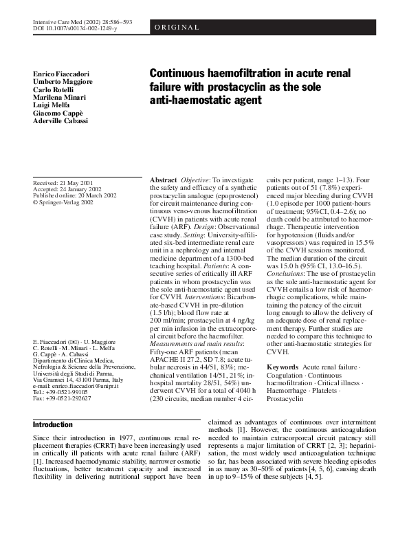 (PDF) Continuous haemofiltration in acute renal failure with ...