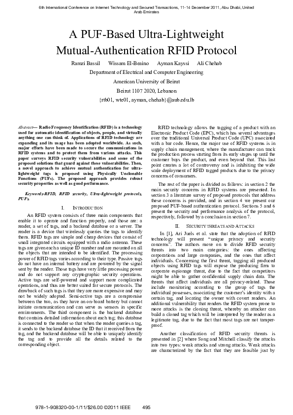 (PDF) A PUF-based ultra-lightweight mutual-authentication RFID protocol