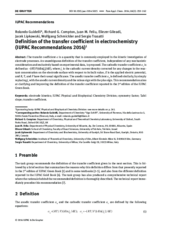 (PDF) Definition of the transfer coefficient in electrochemistry (IUPAC ...