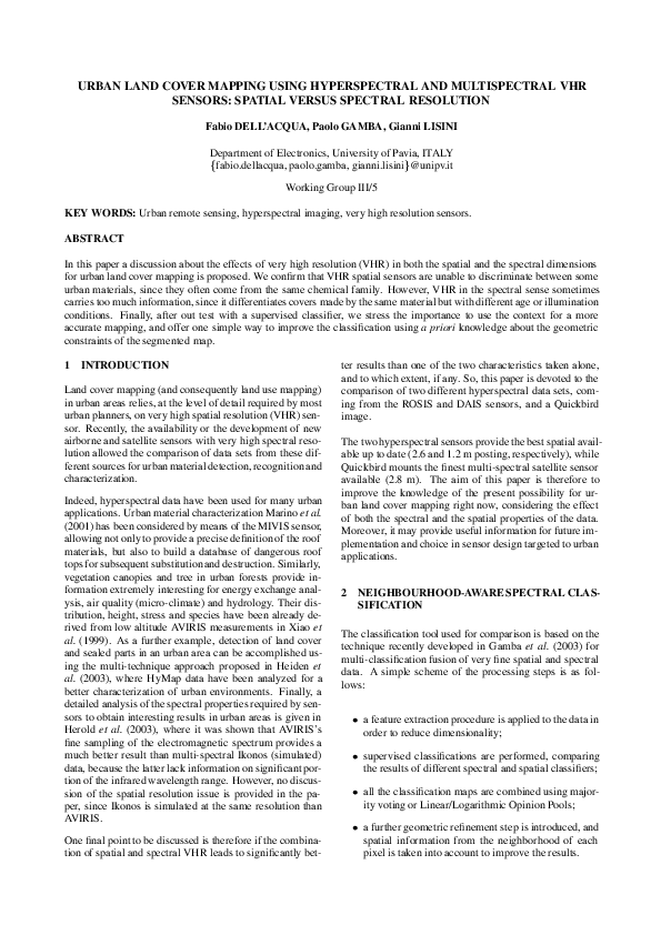(PDF) Urban land cover mapping using hyperspectral and multispectral VHR sensors: Spatial versus ...