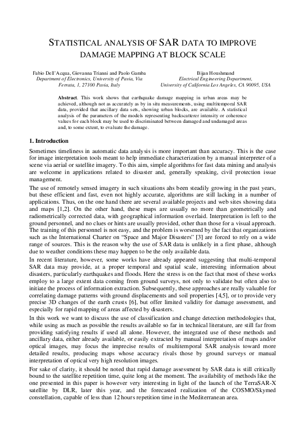 (PDF) Statistical analysis of SAR data to improve damage mapping at ...