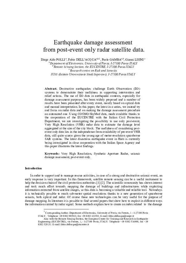 (PDF) Earthquake damage assessment from post-event only radar satellite ...