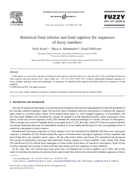 (PDF) Statistical limit inferior and limit superior for sequences of fuzzy numbers