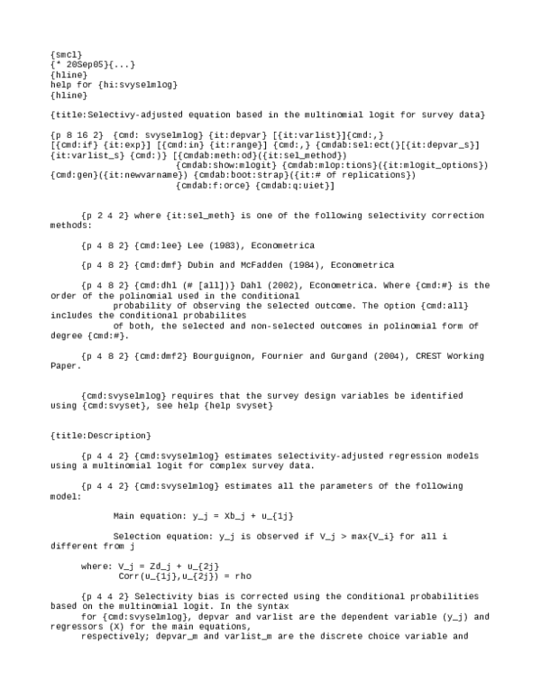 Svyselmlog Stata Module To Compute Selectivity Adjustment Based On The Multinomial Logit For