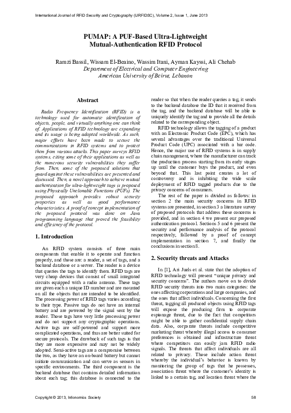 (PDF) PUMAP: A PUF-Based Ultra-Lightweight Mutual-Authentication RFID Protocol